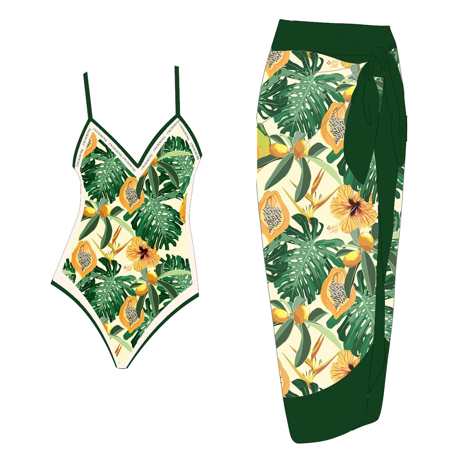 Women 1 Piece Swimwear1 Piece Cover Up Two Piece Vintage Print Swimsuit Monokini Bikini 2 Piece