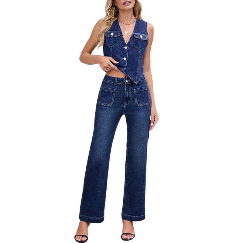 Women 2 Piece Denim Set Button Sleeveless Jean Vest Y2k Shirt Wide Leg ...