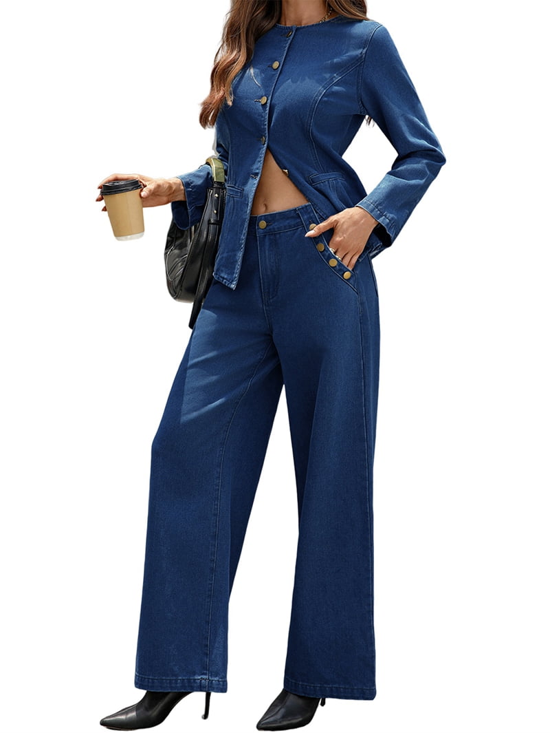 Women 2 Piece Denim Set Y2k Shirt Wide Leg Jeans Palazzo Pants Outfits ...