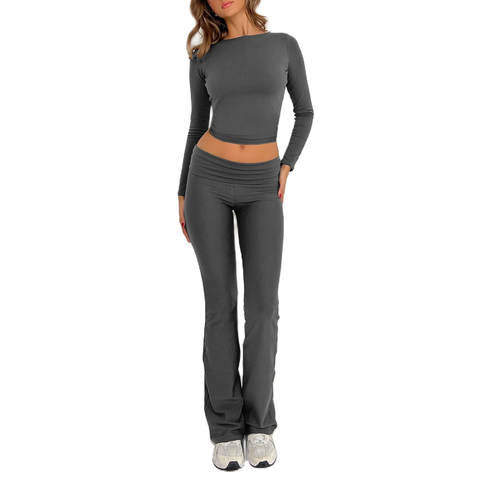 Women 2 Piece Outfit Long Sleeve Crew Neck Crop Top and Low Waist Yoga ...
