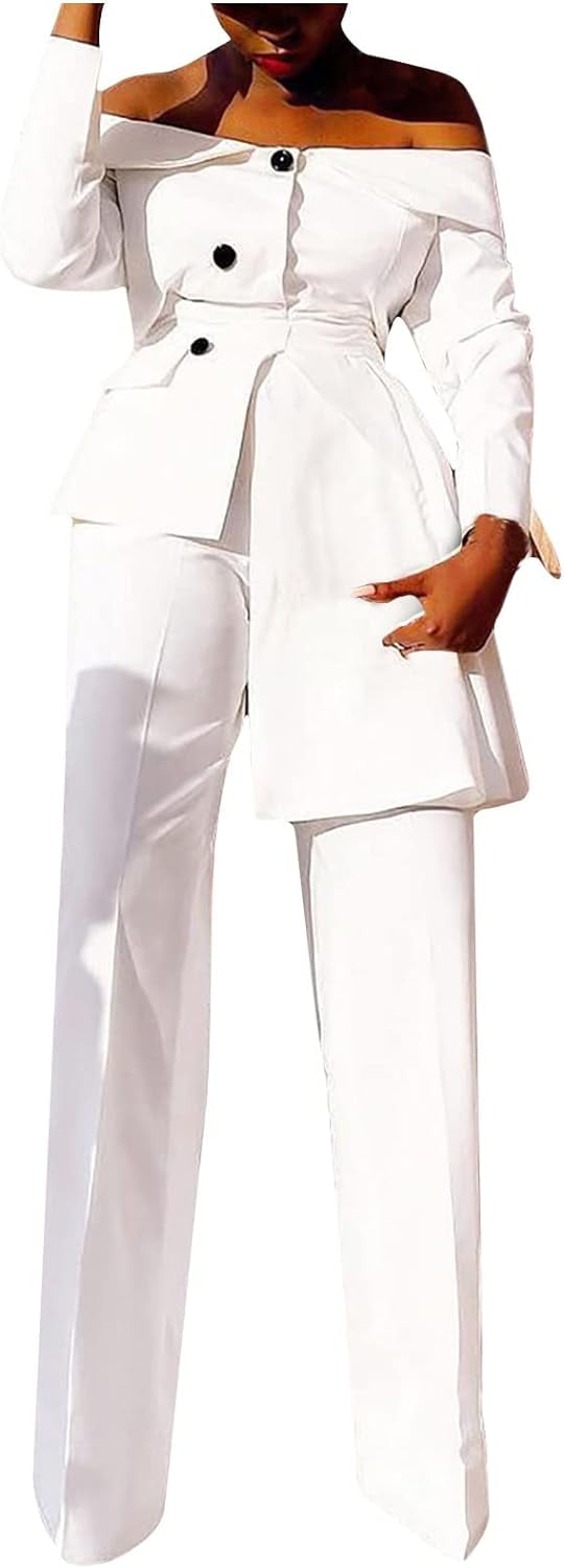 Women 2 Piece Outfits Suit Sets Off The Shoulder Long Sleeve Blazer and ...