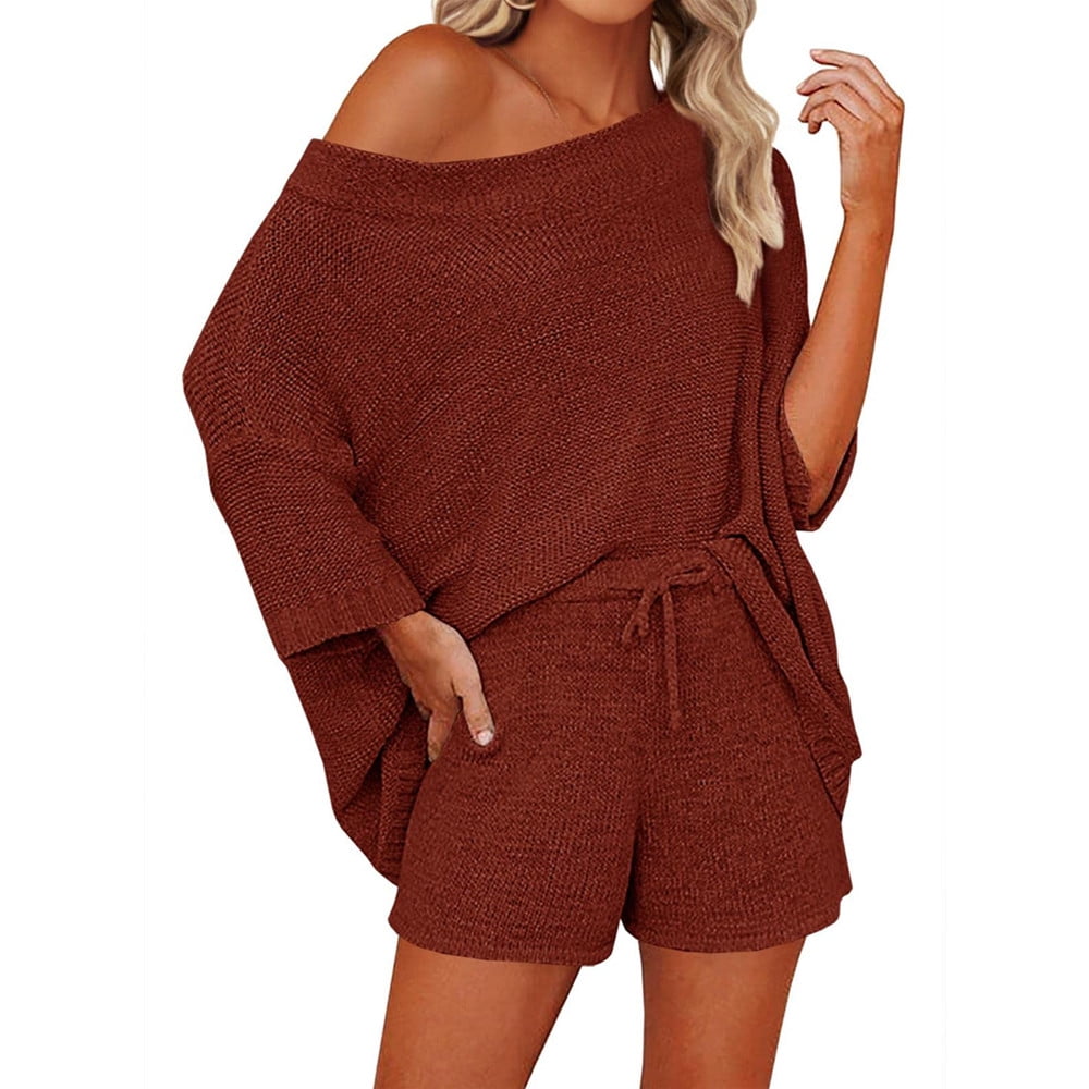 Women 2 Piece Outfits Sweater Sets Solid Off Shoulder Knit Suit ...