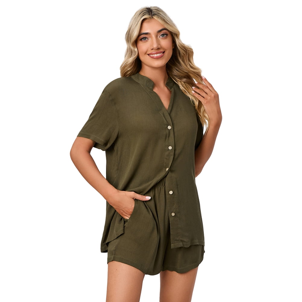 Women 2 Piece Pajama Sets Short Sleeve Button Down Shirt and Elastic Waist Shorts with Pockets V ...