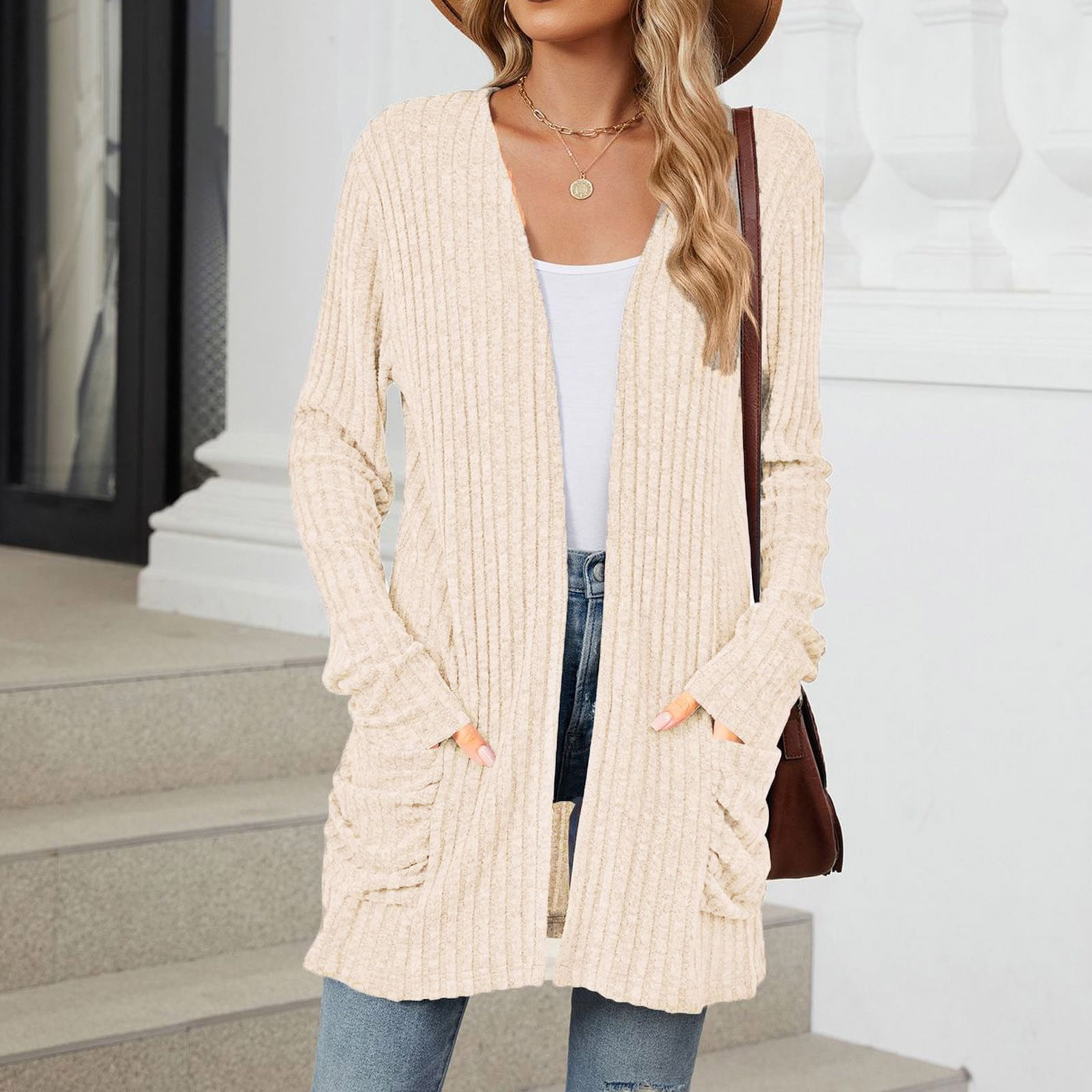 Women 2024 Autumn Mid Long Cardigan Casual Long Sleeve Neck Knitted ...