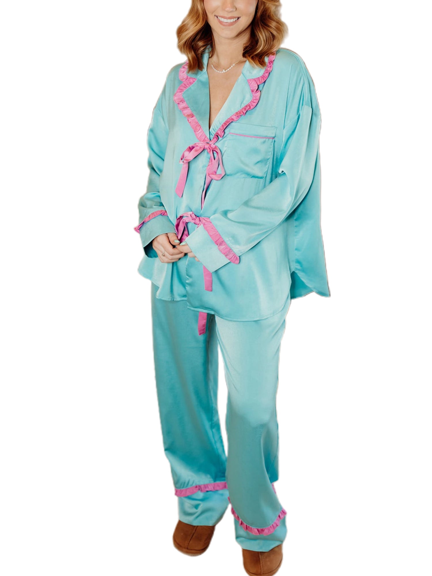 Women 2024 Cute Ruffled Pajama Set Sleepwear Lapel Neck Ribbon Bow Tie ...