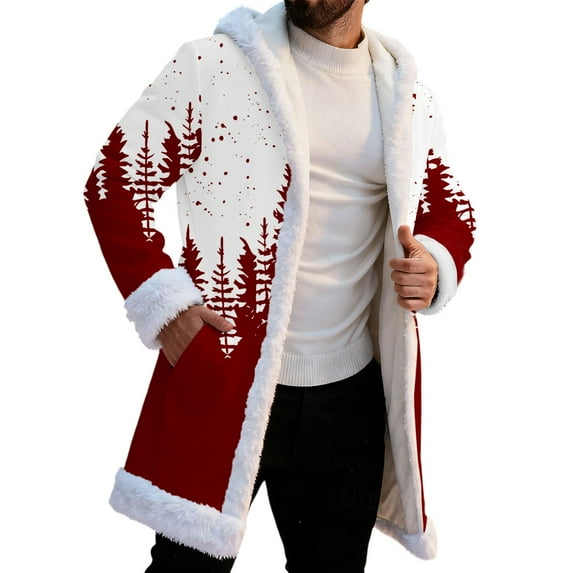 Women 2025 Christmas Long Cardigan Xmas Tree Print Fleece Lined Faux ...