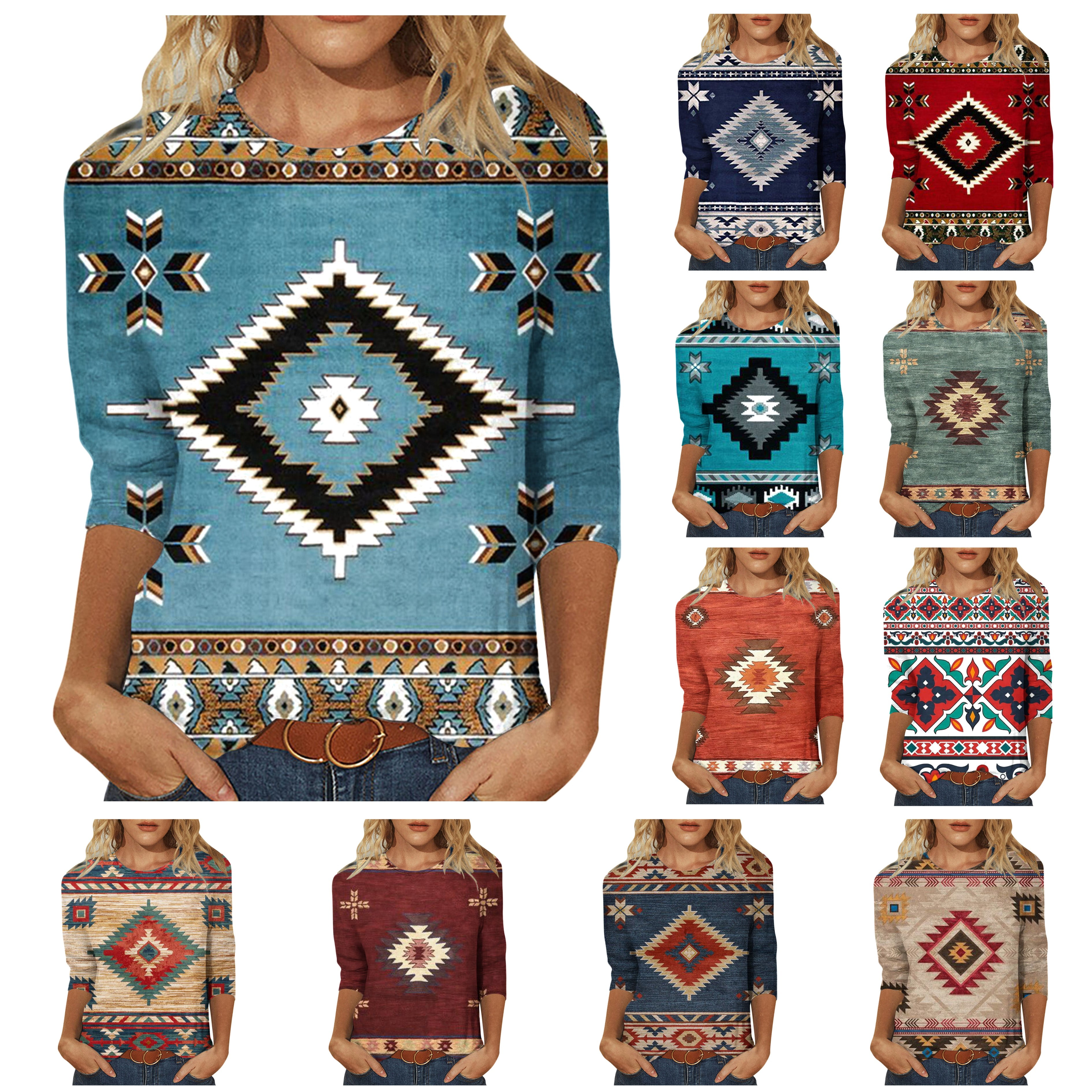 Women 3/4 Sleeve Crew Neck Shirts,Western Aztec Print Graphic Tees ...