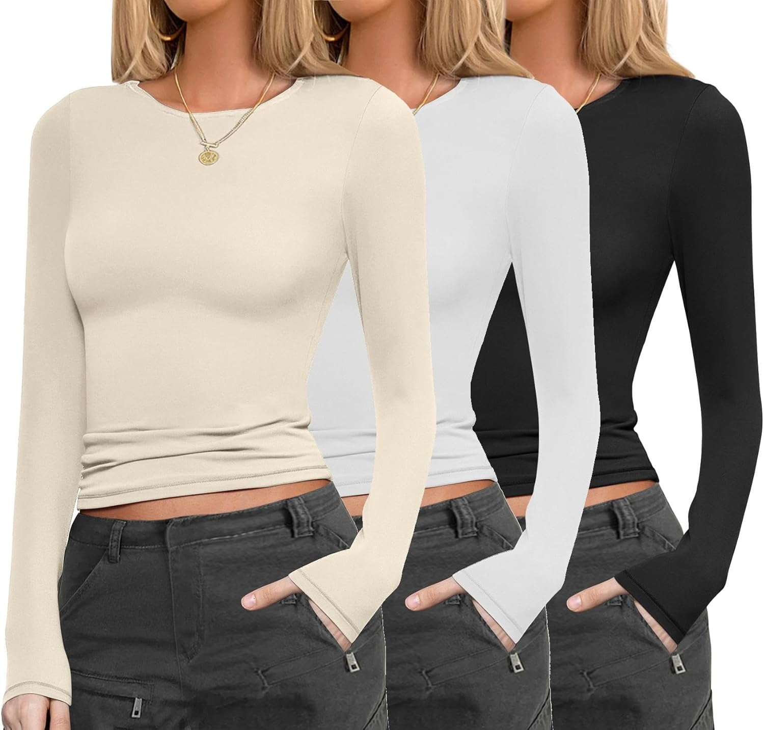 Women 3 Pack Long Sleeve Shirts Fitted Tops Base Layering Tight Thermal ...
