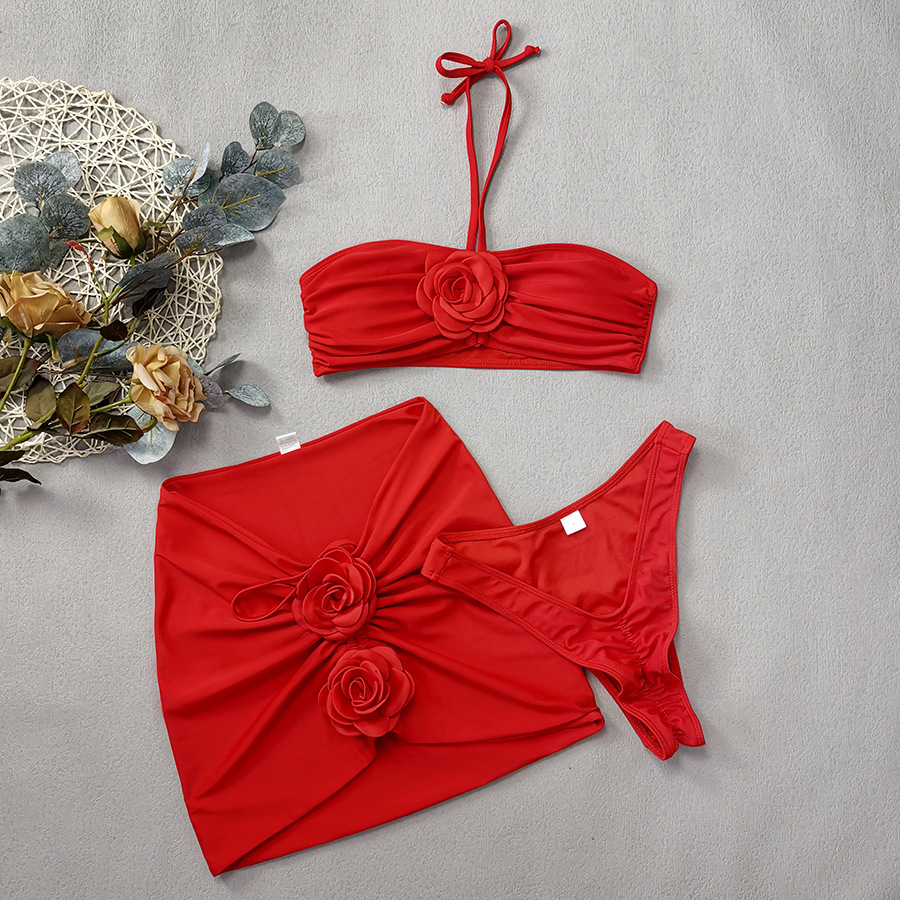 Women 3 Piece Bikinis Set 2024 Fashion Floral Halter Padded Bra And