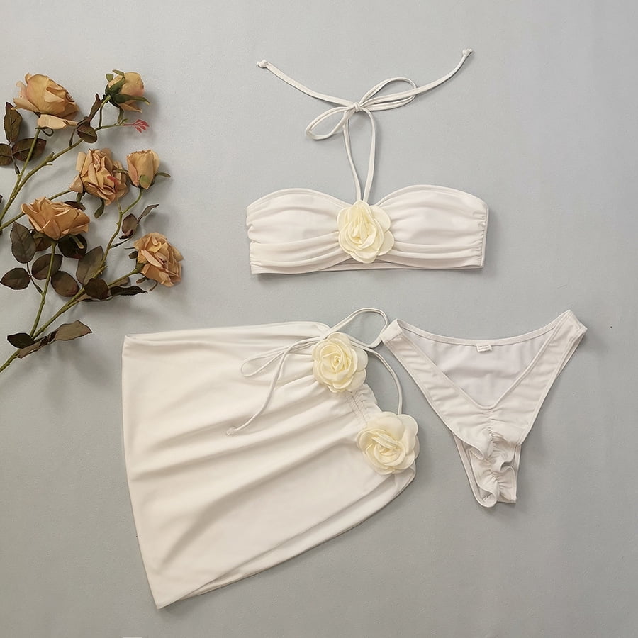 Women 3 Piece Bikinis Set 2024 Fashion Floral Halter Padded Bra And