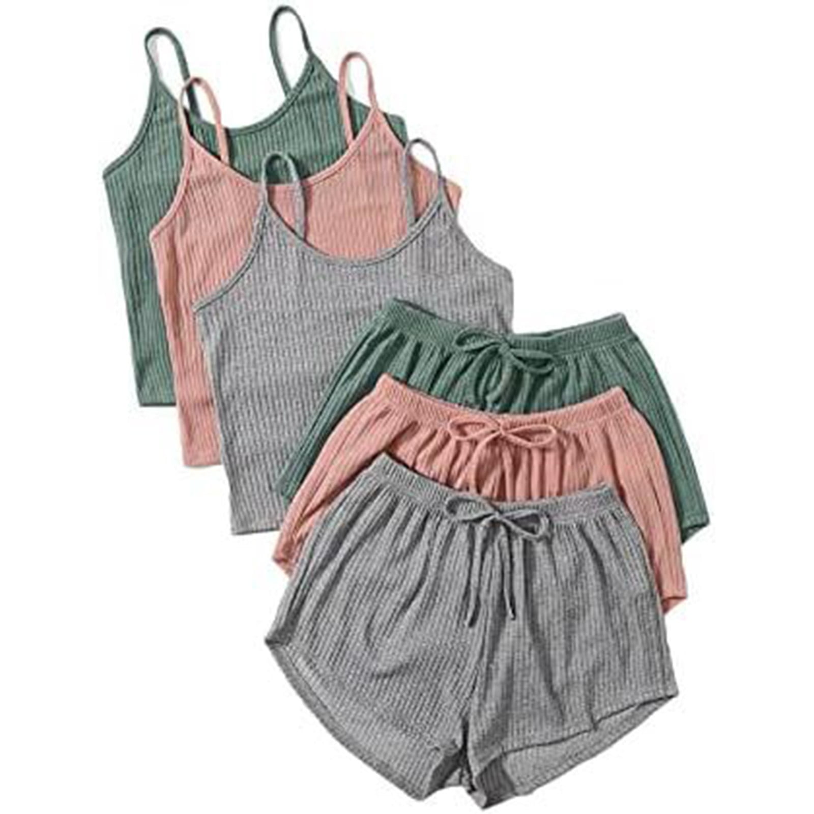 Women 3 Sets Ribbed Pajamas Set Sleeveless Crop Top And Tie Front ...