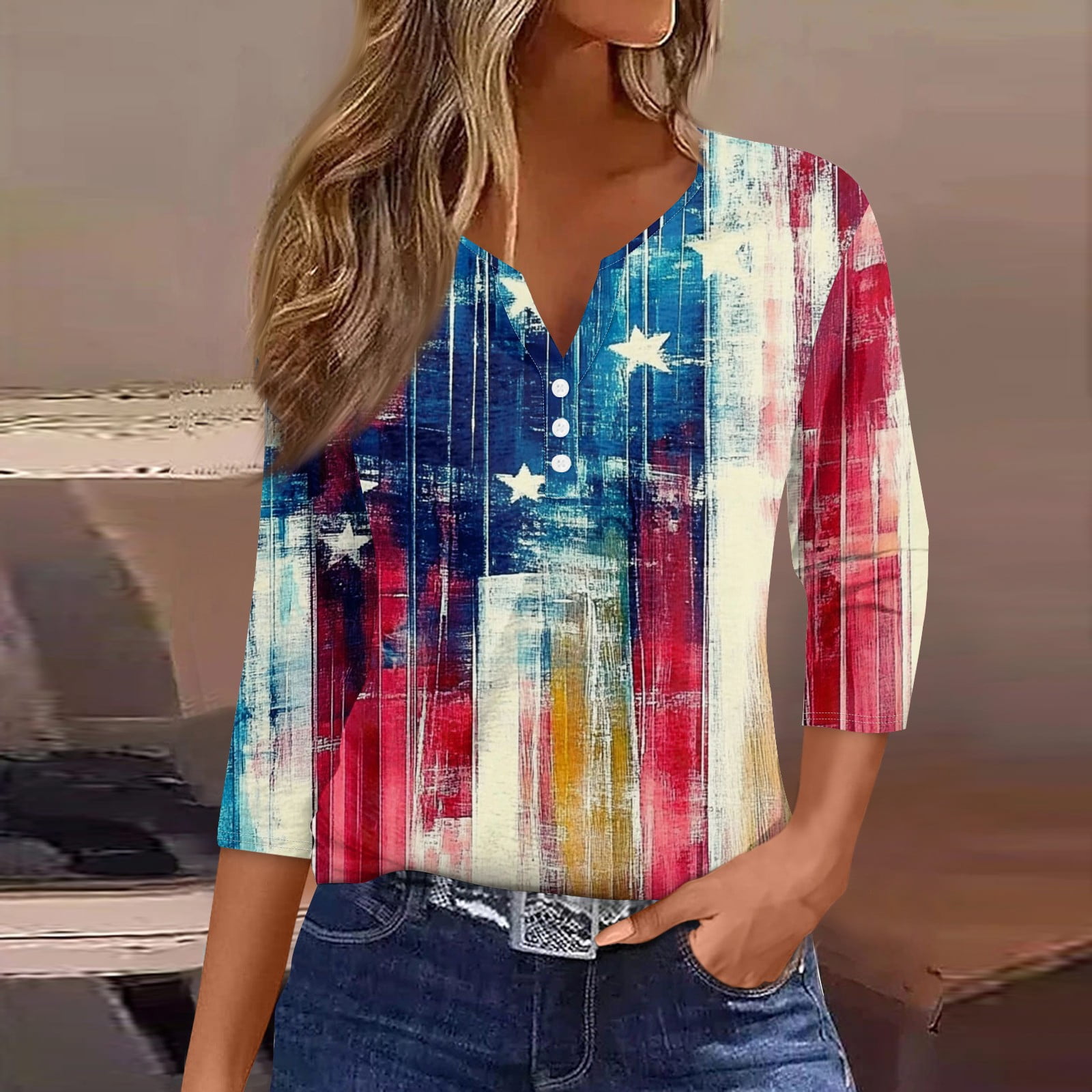 Women 4th Of July Shirts Sunflower Print 3/4 Sleeve Tee Patriotic ...