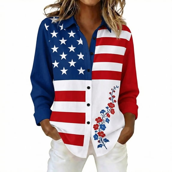 Women 4th of July Shirts American Flag Print Long Sleeve Collared ...