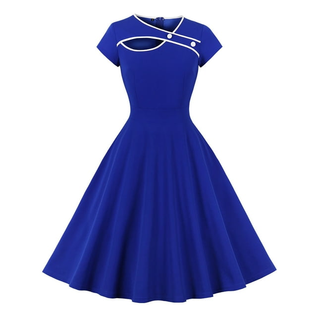 Women 50s Vintage Polka Dot Halter Cocktail Swing Dress Buttons Floral