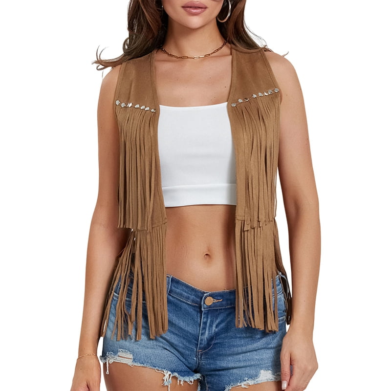 Women 70s Hippie Faux Suede Rivets Sleeveless Fringe Waistcoat Open Front Boho Western Jacket ...