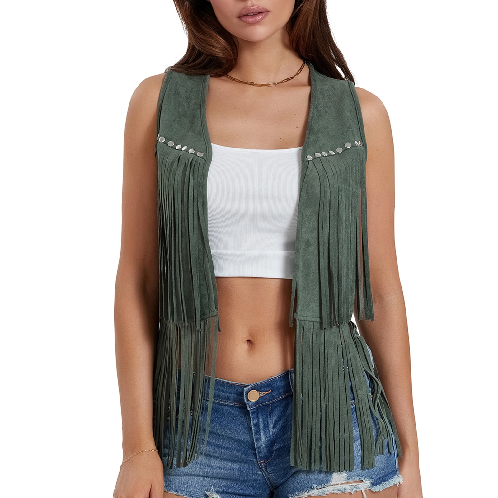 Women 70s Hippie Fringe Waistcoat Vest Sleeveless Cowgirl Tassel ...