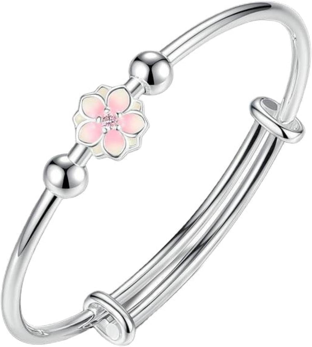 Women 925 Sterling Silver Bangle Pink Flower Decoration Bracelets ...