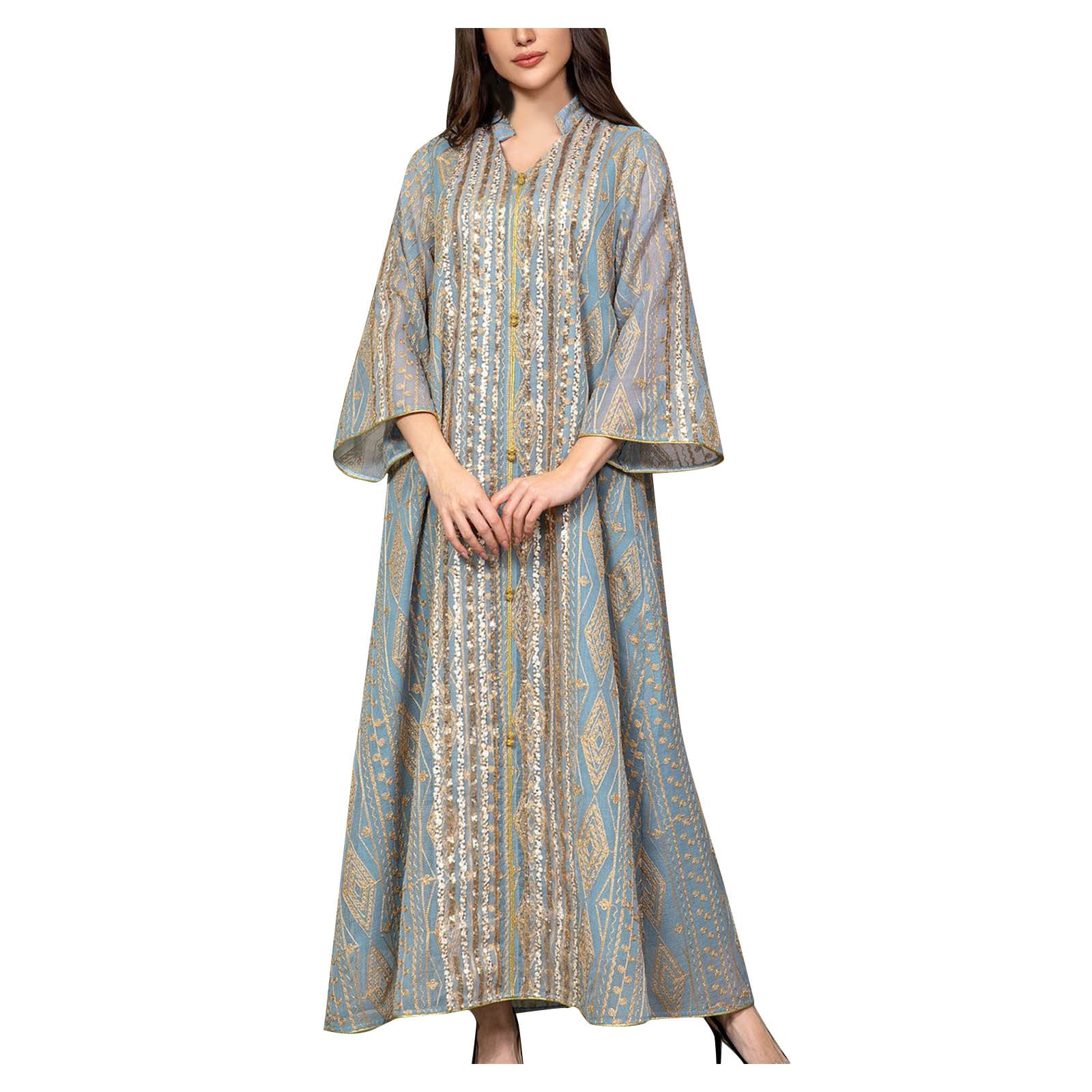 Women Abaya Muslim Kaftan Floral Maxi Dresses Dubai Turkey Middle East ...