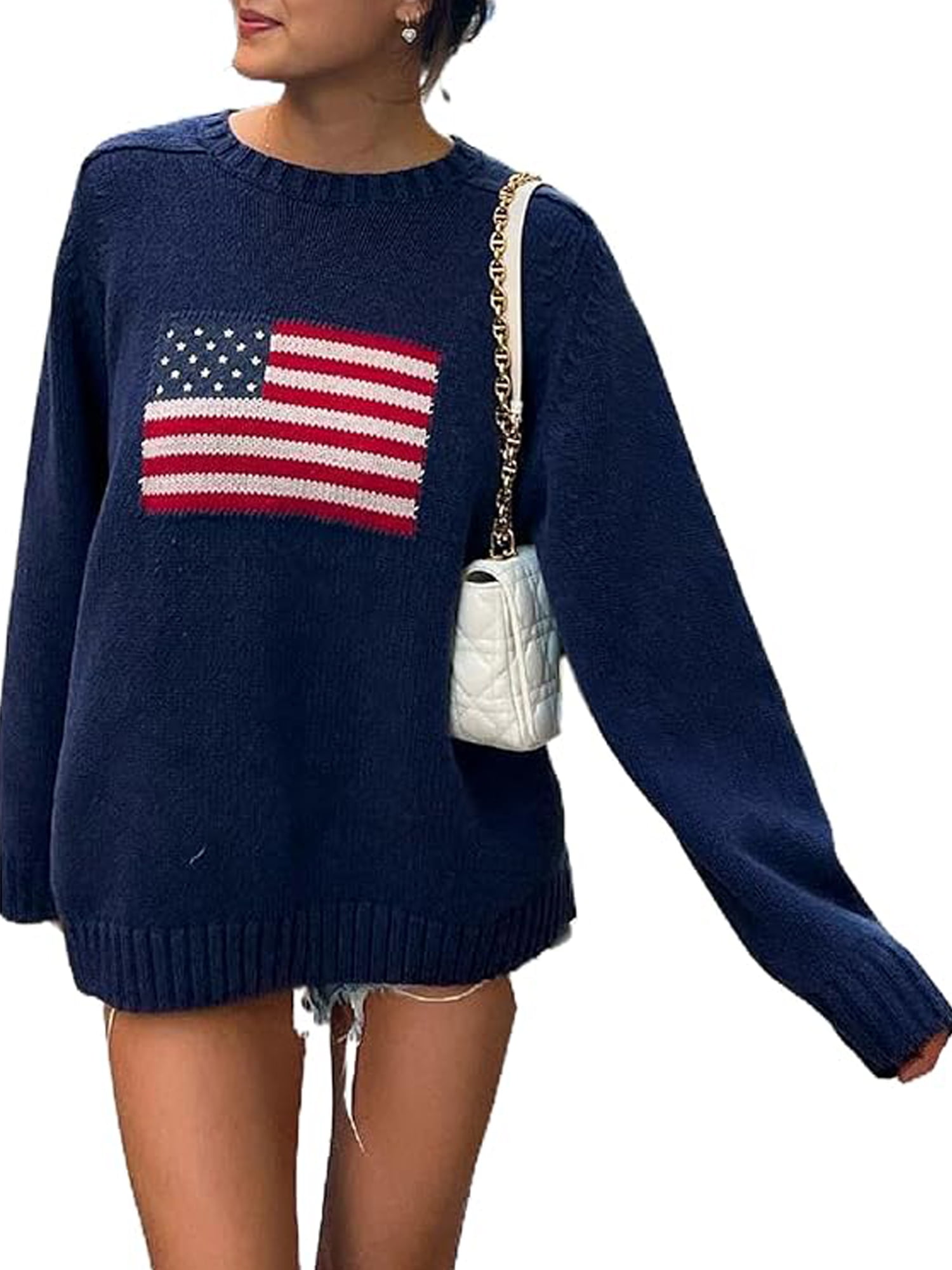 Women's USA Flag Sweater, Long Sleeve, Crewneck, Knitted Jumper ...