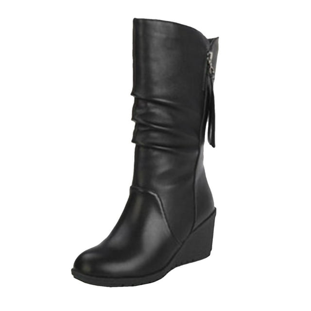 Women Ankle Boots Hide Heel Platform Wedge Heel Zip Mid-Calf Black ...