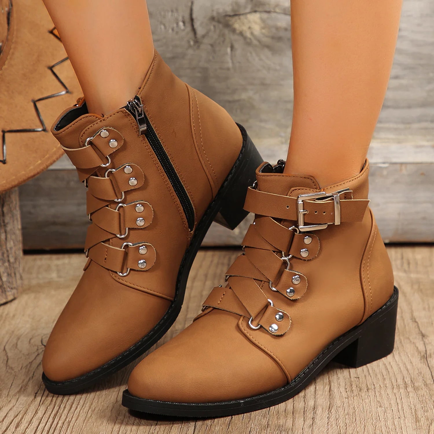 Women Ankle Boots With Side Zipper And Belt Buckle Knight Boot Winter ...