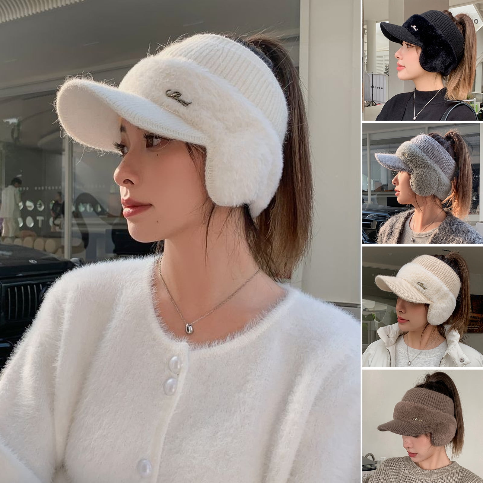 Women Autumn Winter Knitting Baseball Hat Letter Design Earflap Plush ...