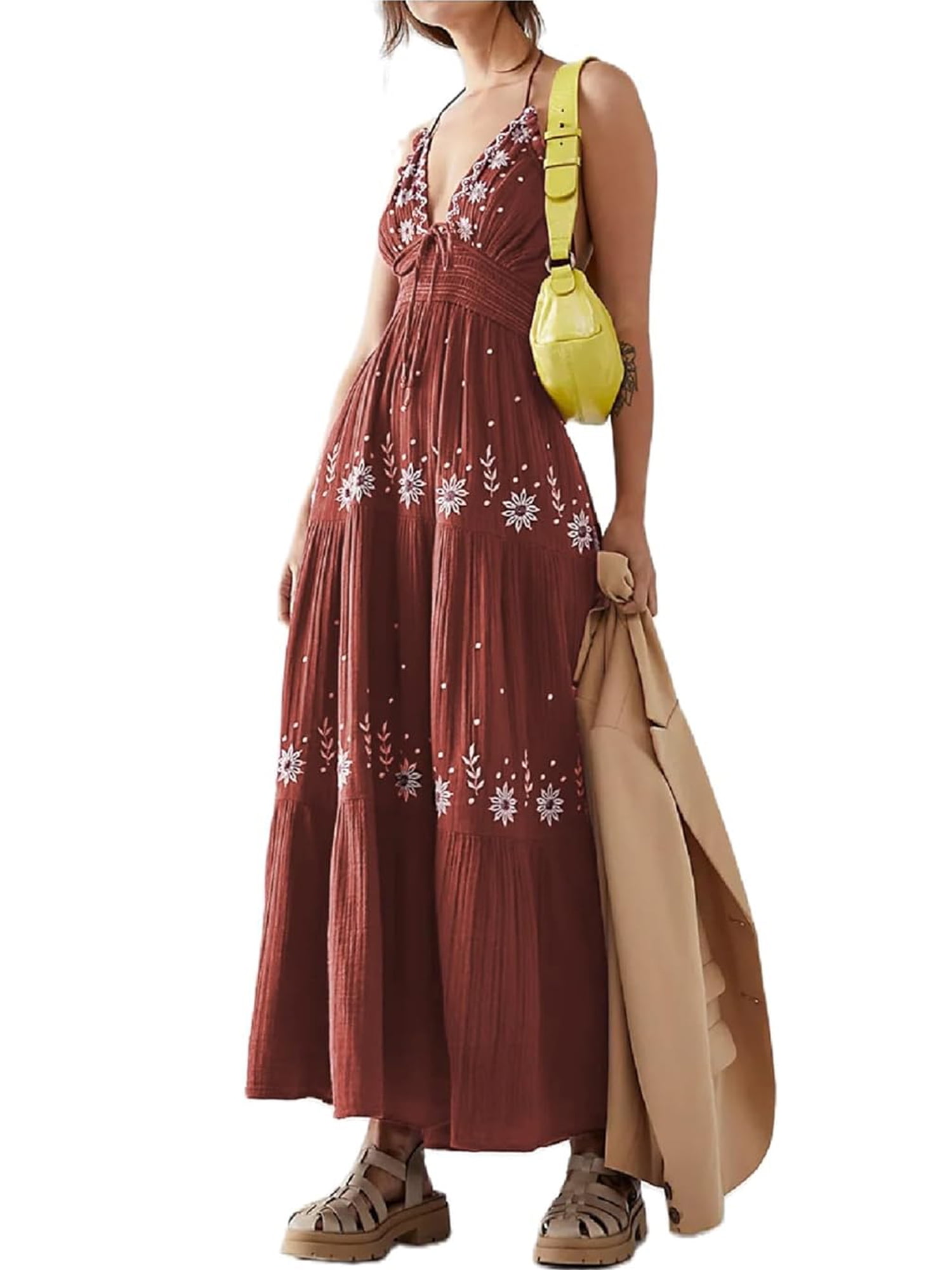 Women Backless Flowy Boho Maxi Dress Sexy Strappy Low Cut Long Dress ...