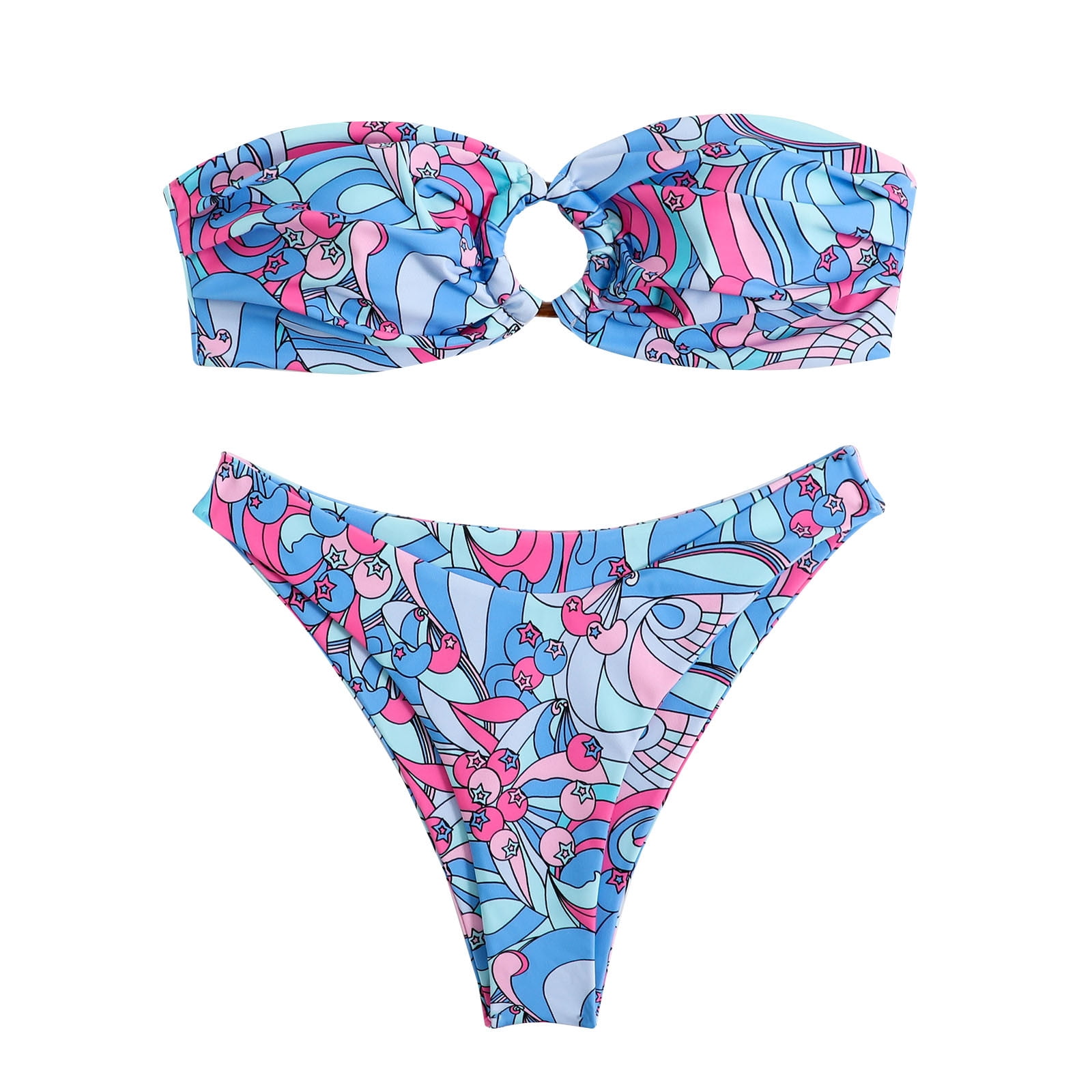 Women Bandeau Bikini Set High Waisted Bathing Suits O Ring Tie Swimwear
