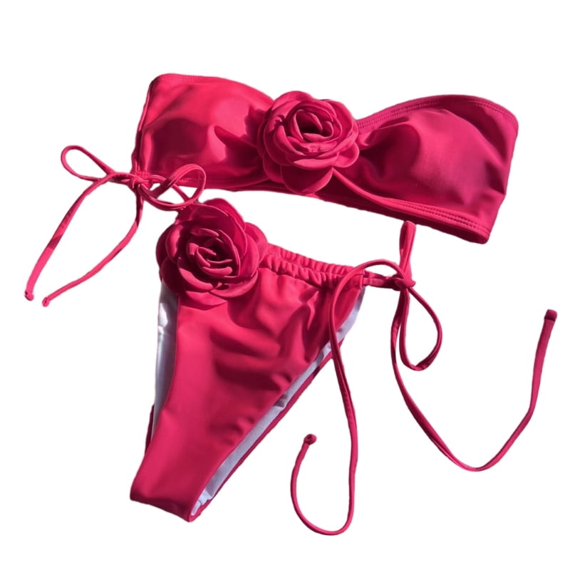 Women Bandeau Swimsuit Strapless Bikinis Top Side Adjustable Bottom Two ...