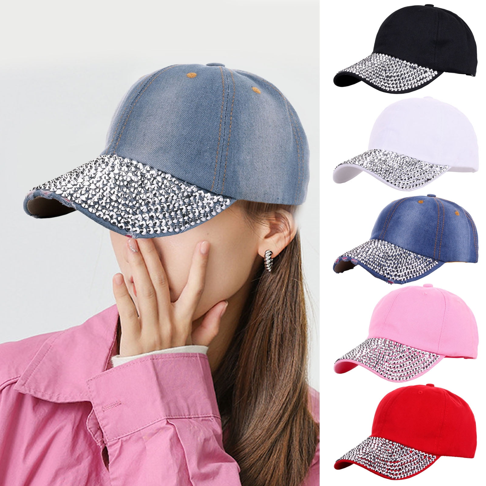 Women Baseball Cap with Sparkling Rhinestones Wide Brim UV-Proof Sun ...