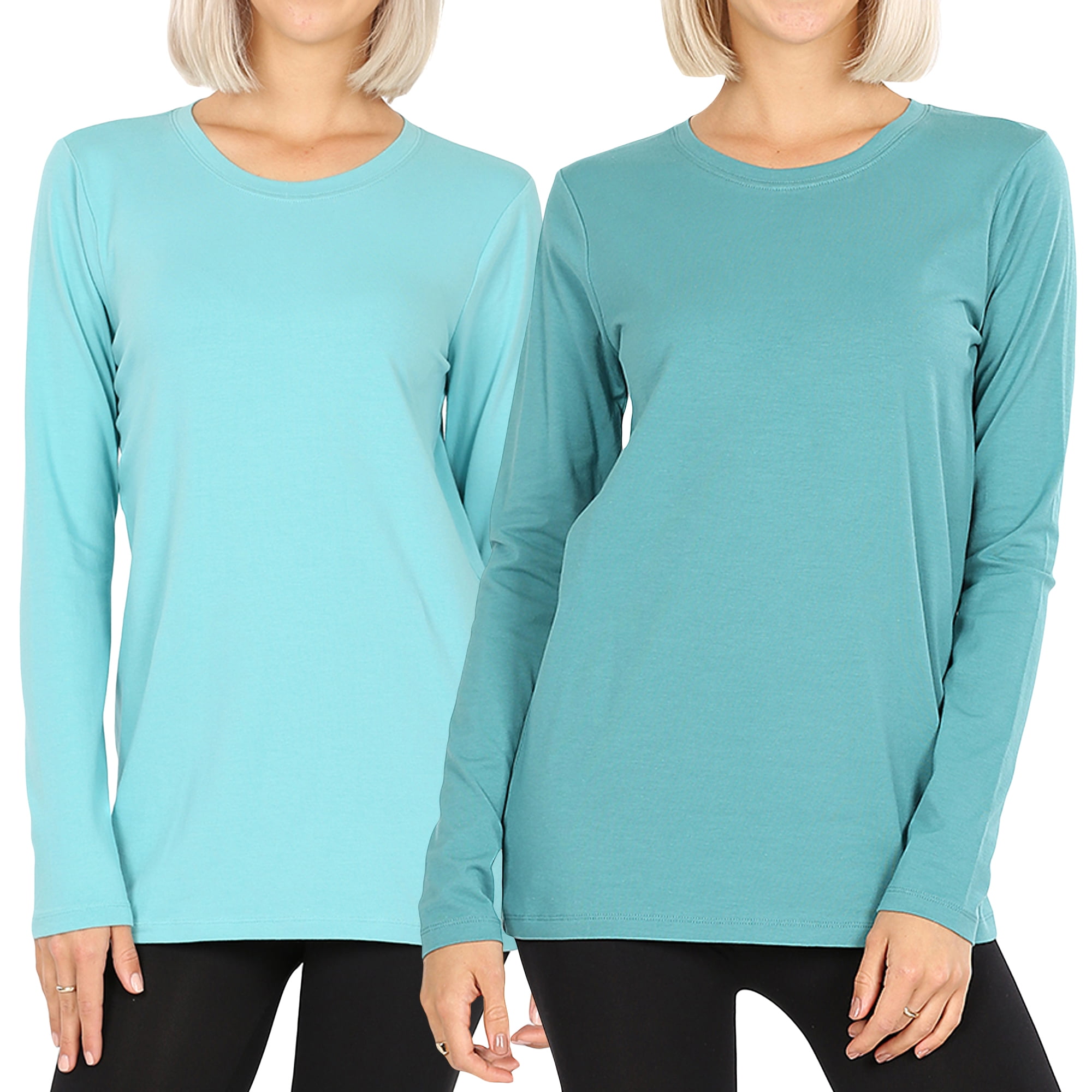 Women Basic Round Crew Neck Long Sleeve Stretch Cotton Spandex T-Shirts ...