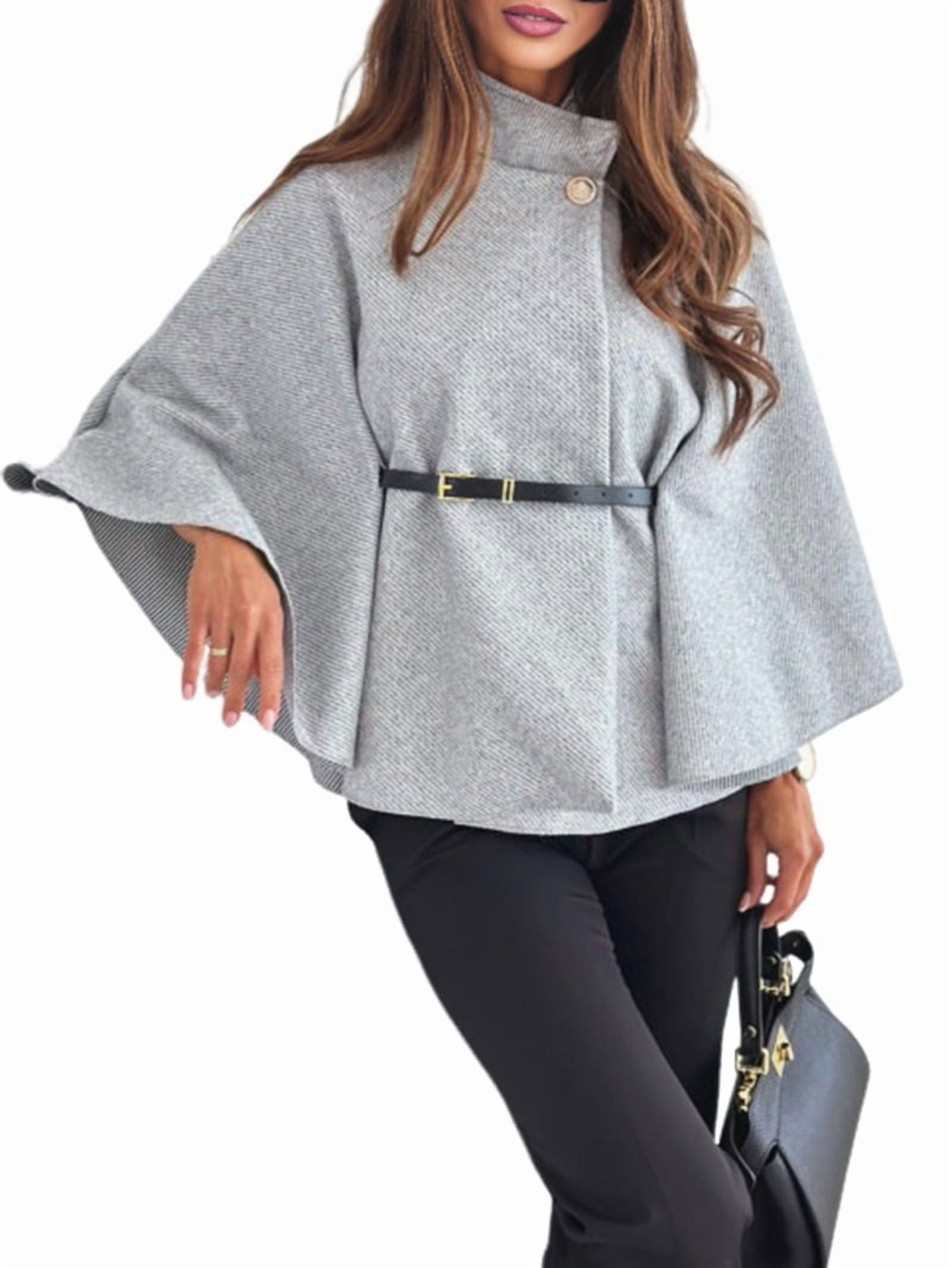 Women Batwing Sleeve Ponchos Pea Coat Stand Collar Capes Jacket Cloak ...