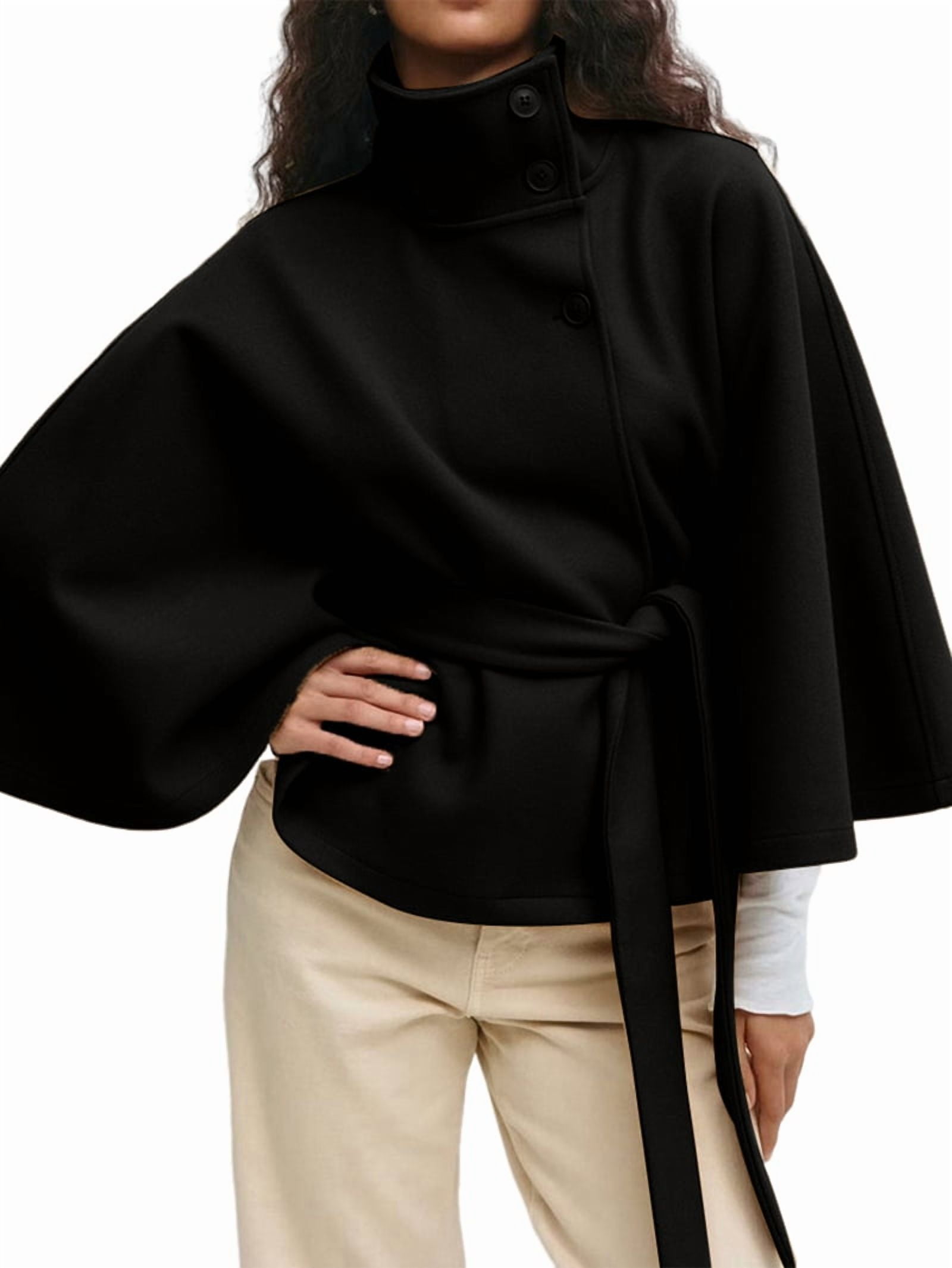 Women Batwing Sleeve Ponchos Pea Coat Wool Stand Collar Belt Capes ...