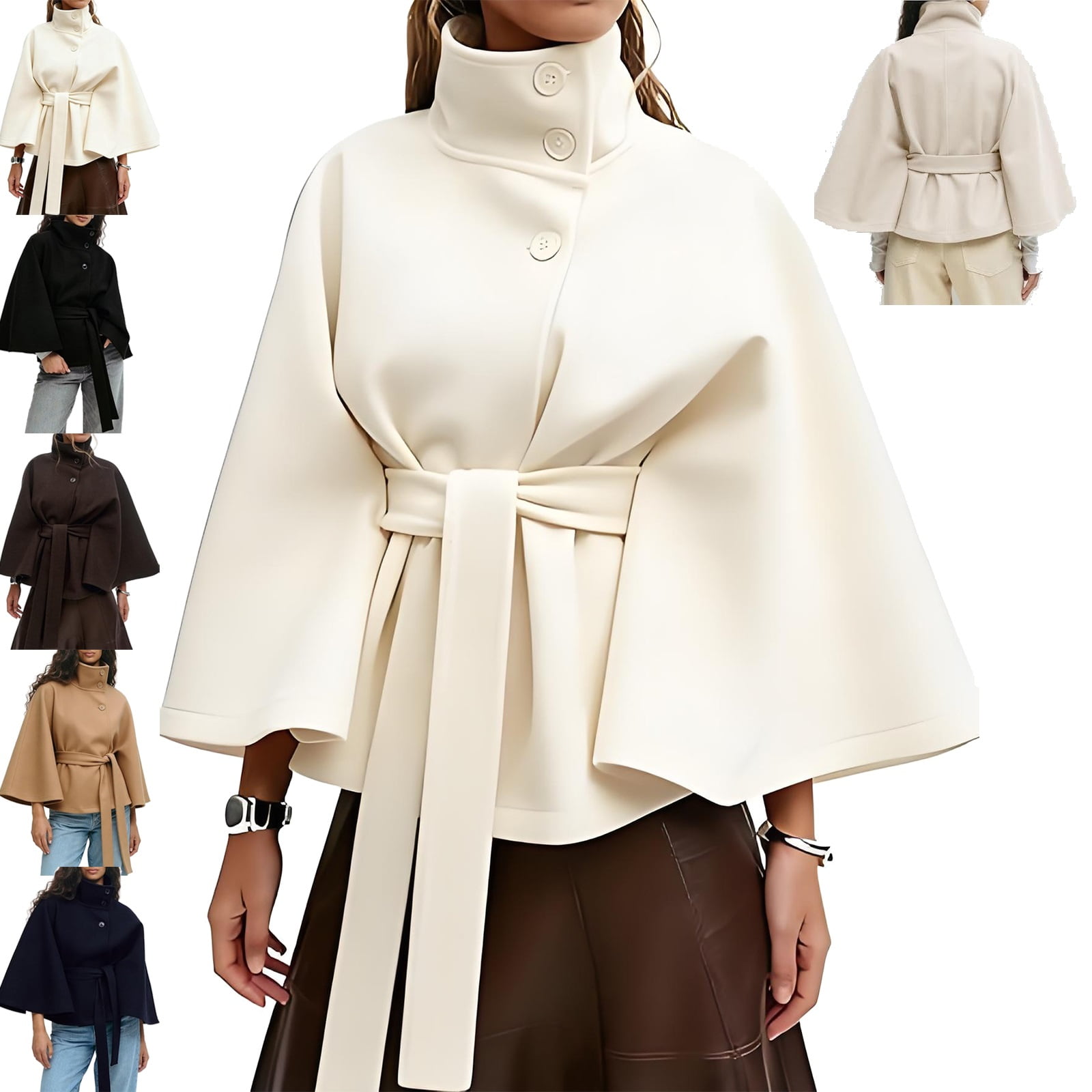 Women Batwing Sleeve Ponchos Pea Coat, Wool Stand Collar Belted Cape ...