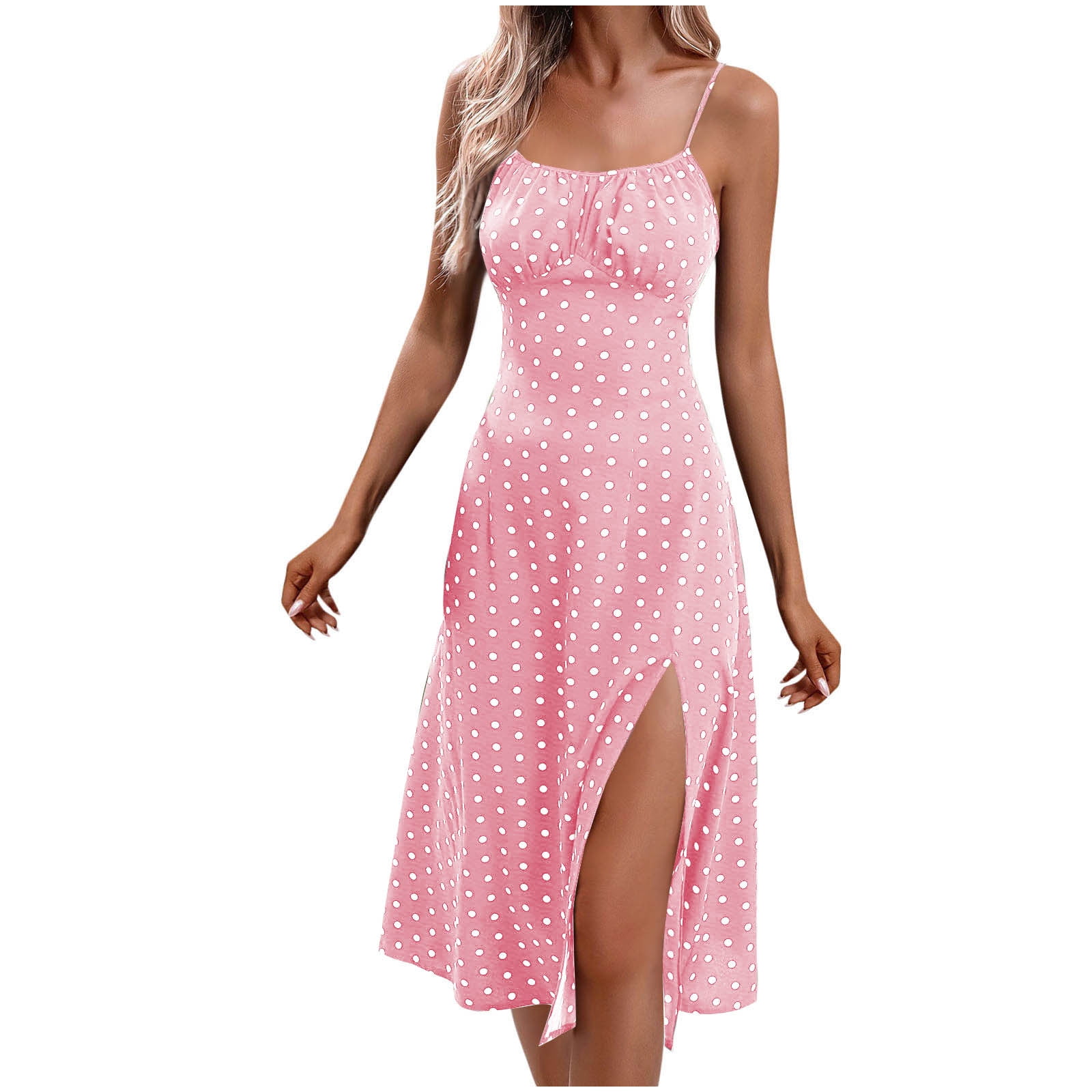 Women Beach Fashion Printed Strap Split Dress Summer Sleeveless Square ...