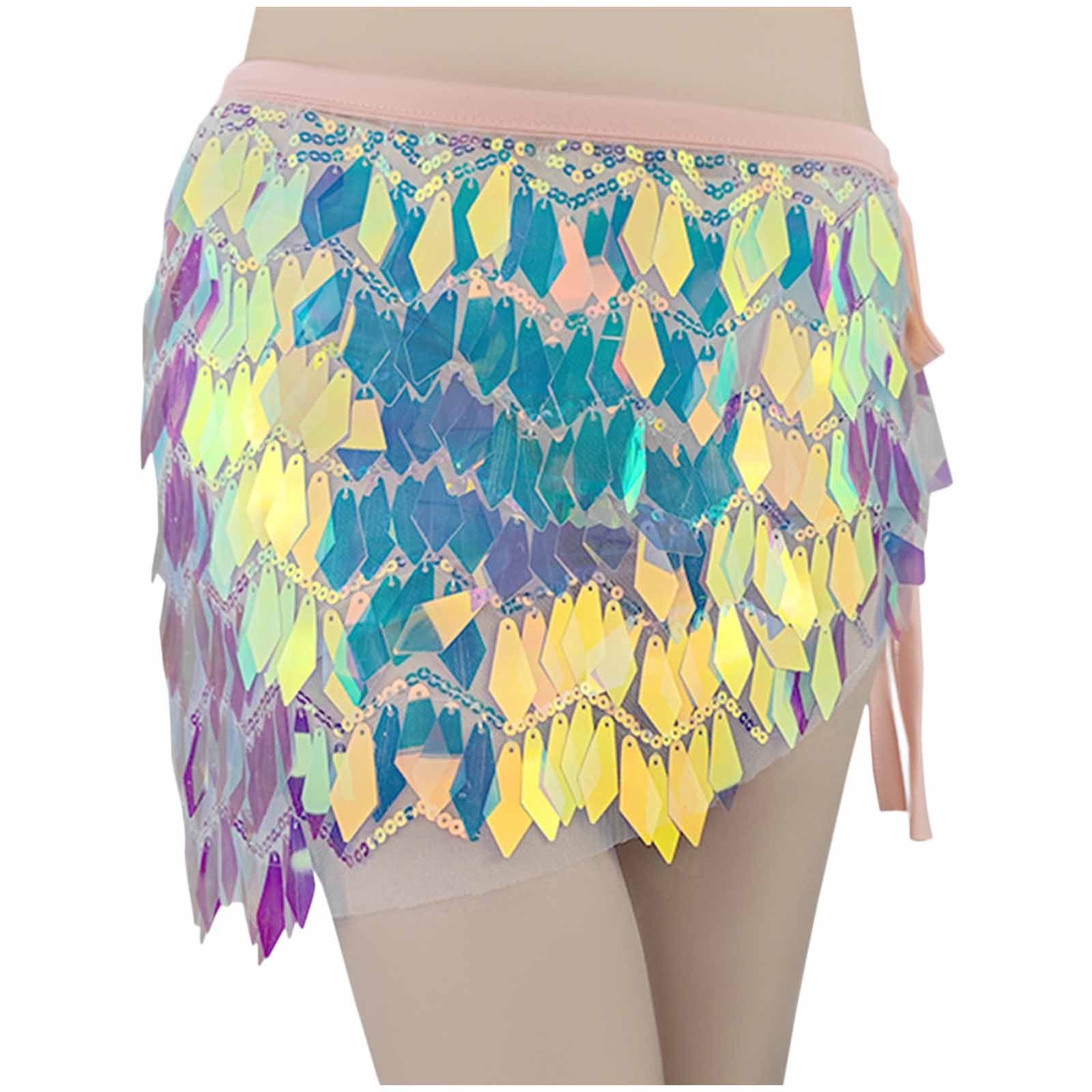 Women Belly Dance Sequin Skirt Shiny Party Dance Wrap Skirt Hip Scarf Rave Music Festival ...