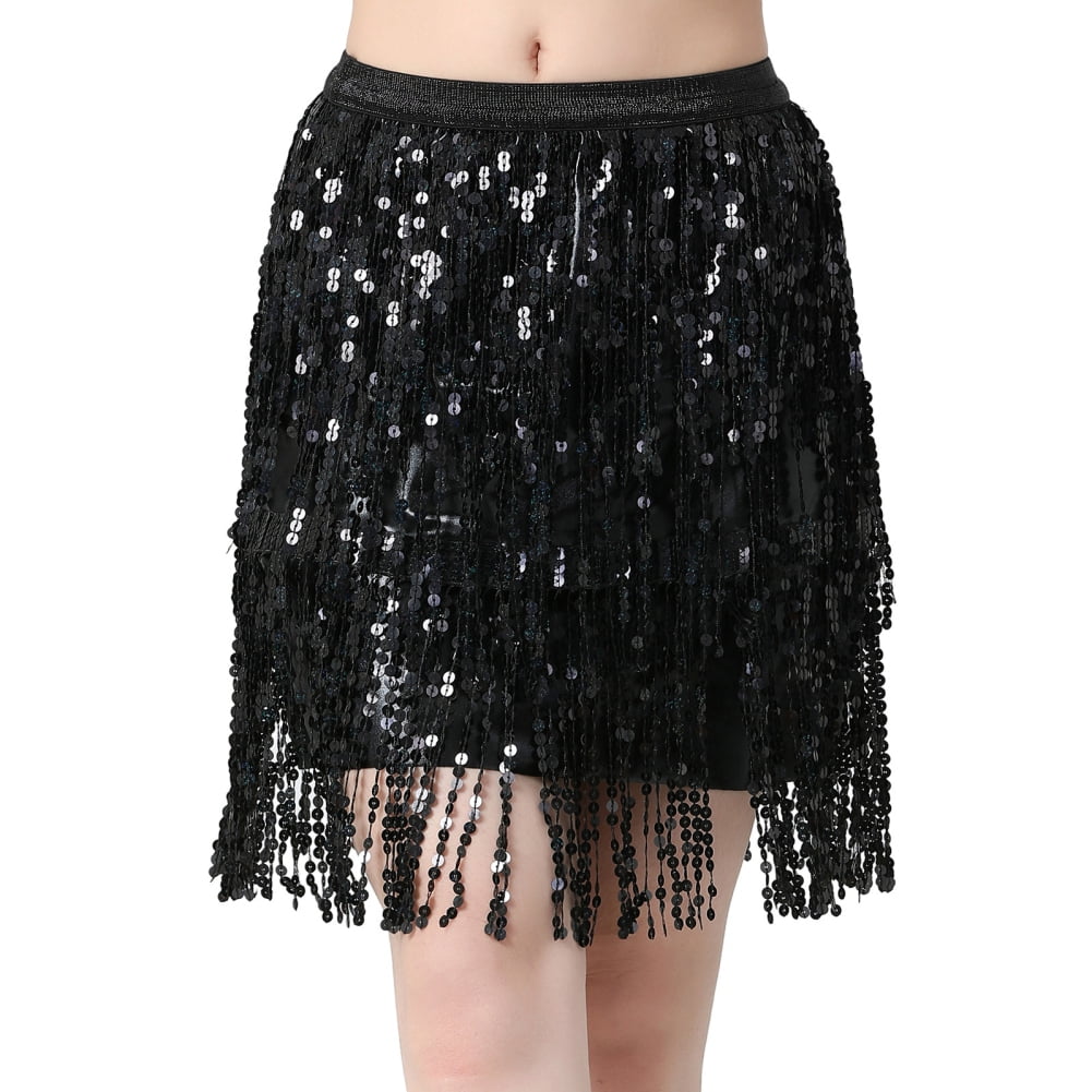Women Belly Dance Skirt Sequin Fringe Wrap Skirts Sparkly Hip Scarf Skirt Party Rave Costume ...