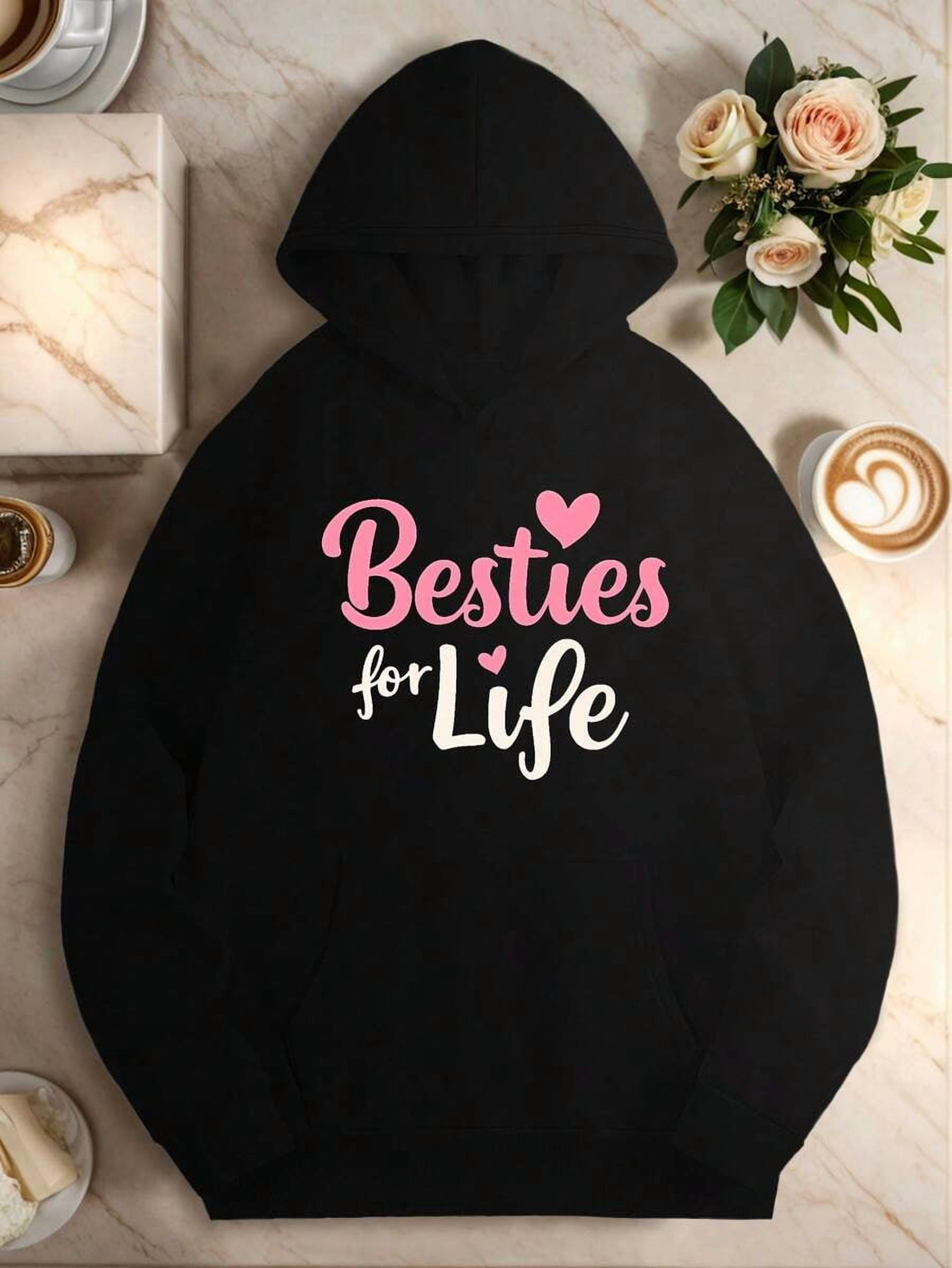Women Besties For Life Matching Hoodie Pink Cursive Lettering Heart ...