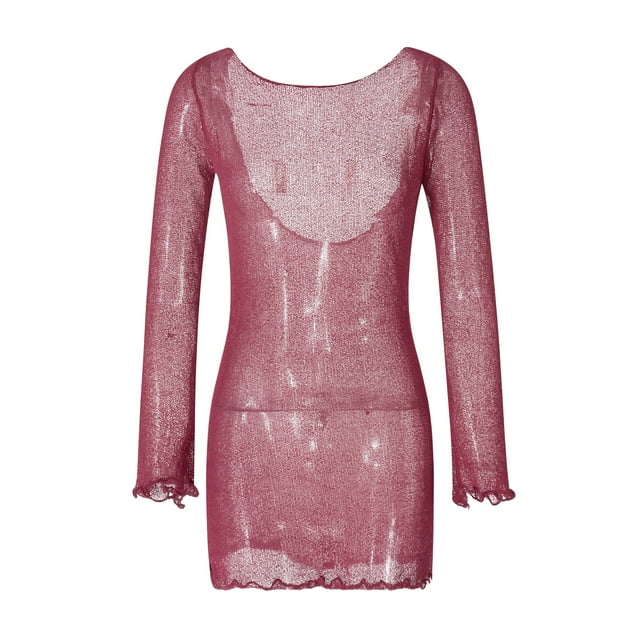 Women Bikini Cover-Ups Solid Color See-Through Long Sleeve Backless ...