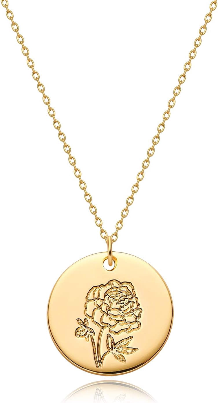Women Birth Flower Necklace Gold Coin Engraved Disc 12 Month Flower ...