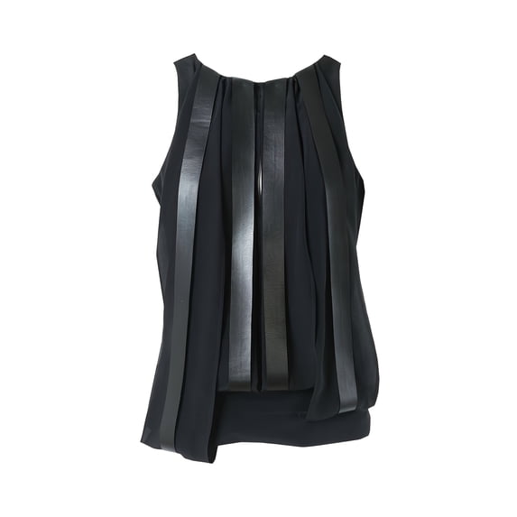 Women Black Sleeveless Chiffon PU Striped Panel Top with Asymmetrical ...