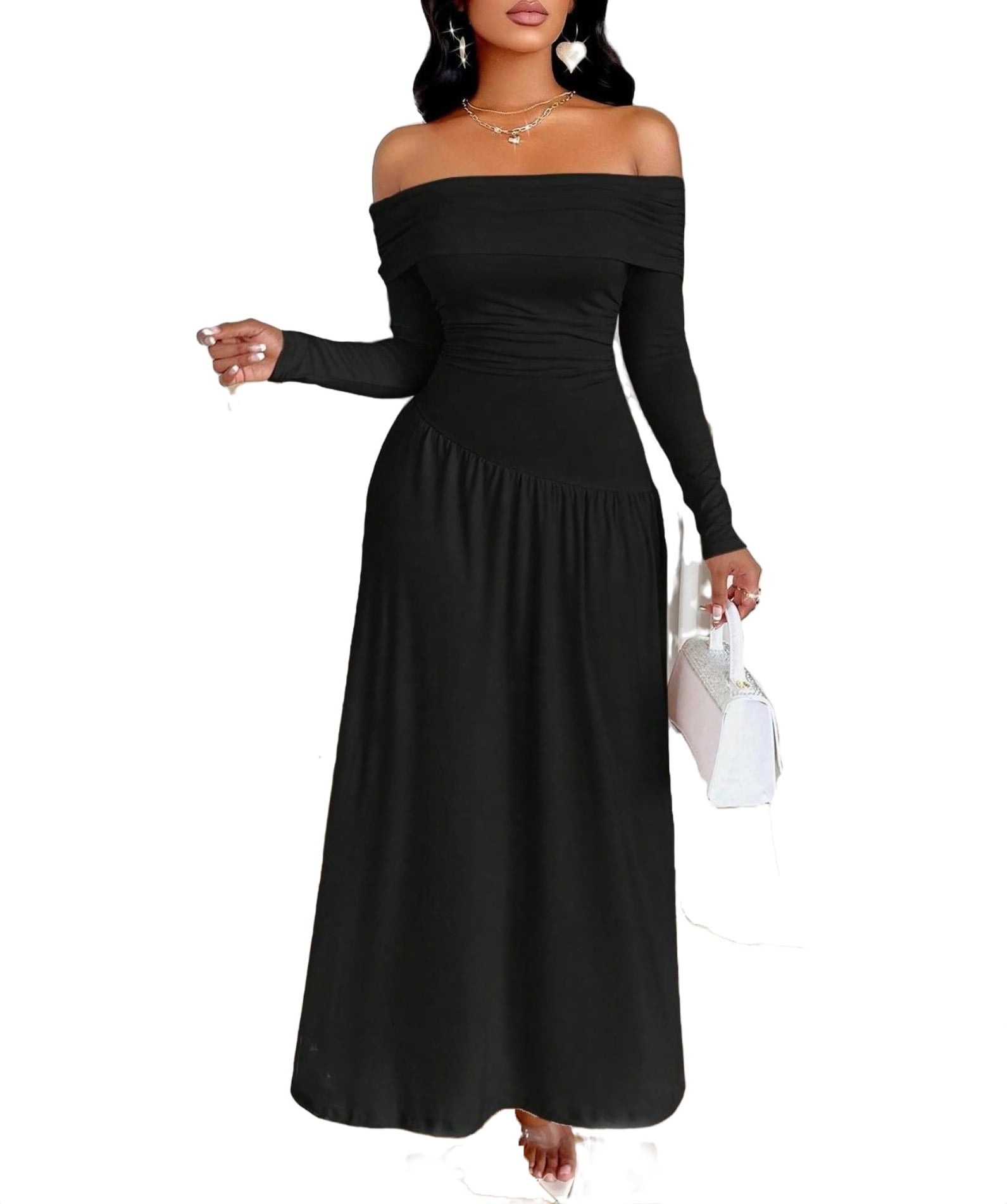 Women Black Solid Color Off Shoulder Ruched Asymmetric Waist Long ...