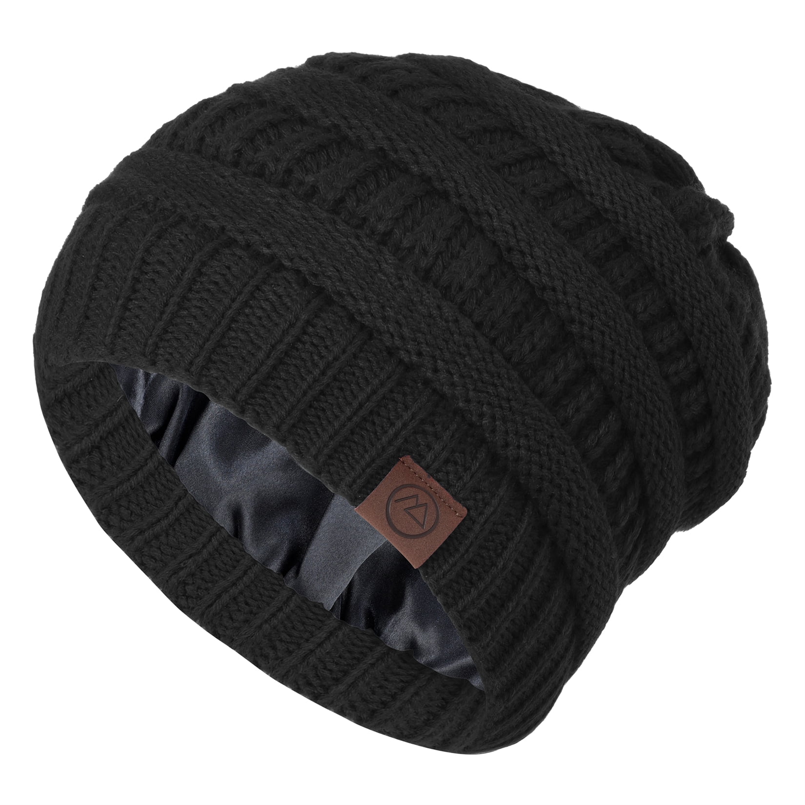 Women Black Warm Beanies Cable Knit Skull Cap Soft Satin Lined Beanie ...