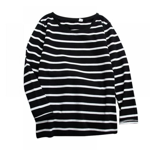 Women Black White Striped T-Shirt Long Sleeve Round Neck Loose Casual Tops Shirt - Walmart.com