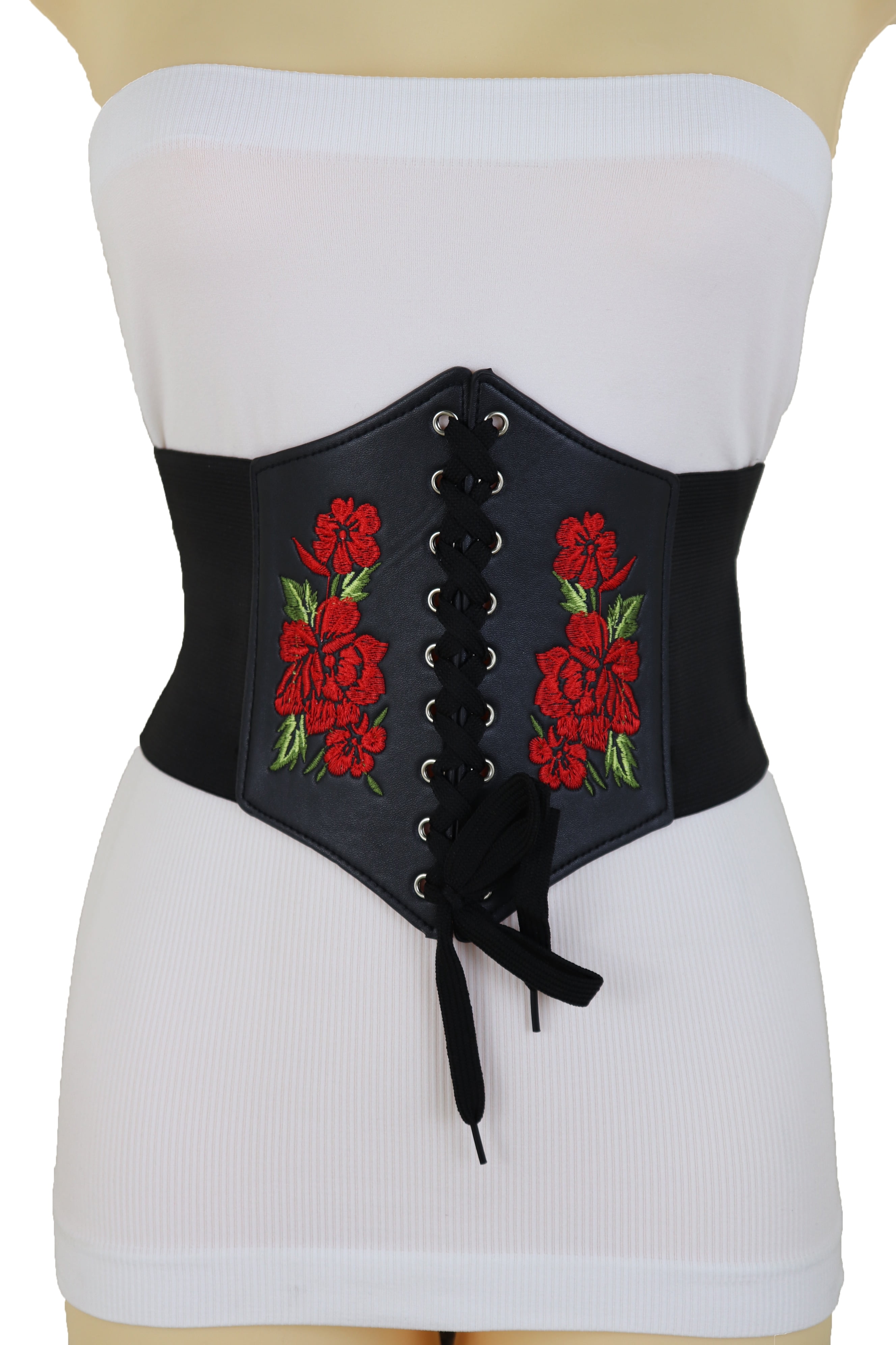 Women Black Wide Elastic Corset Fashion Belt Red Rose Flower S M ...