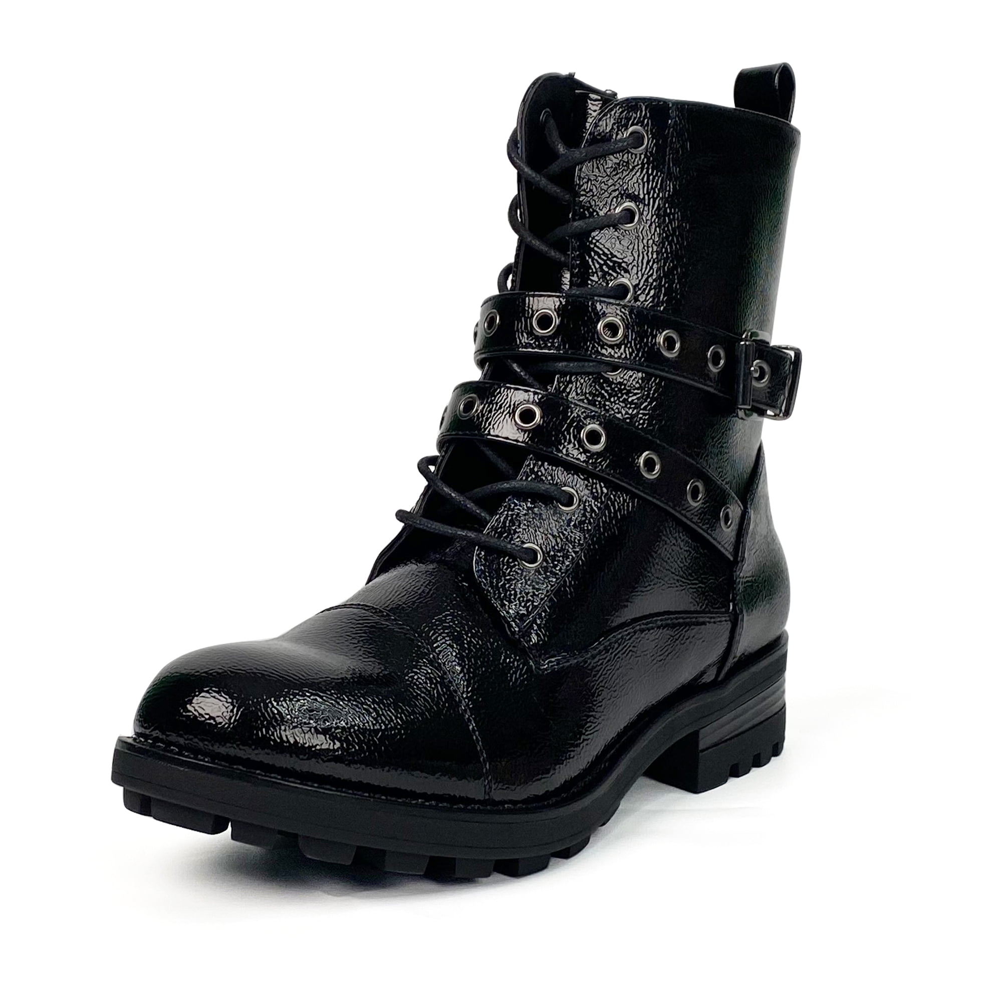 Women Black Work Boots Lace up Mid-Calf Combat Booties Motorcycle Punk ...