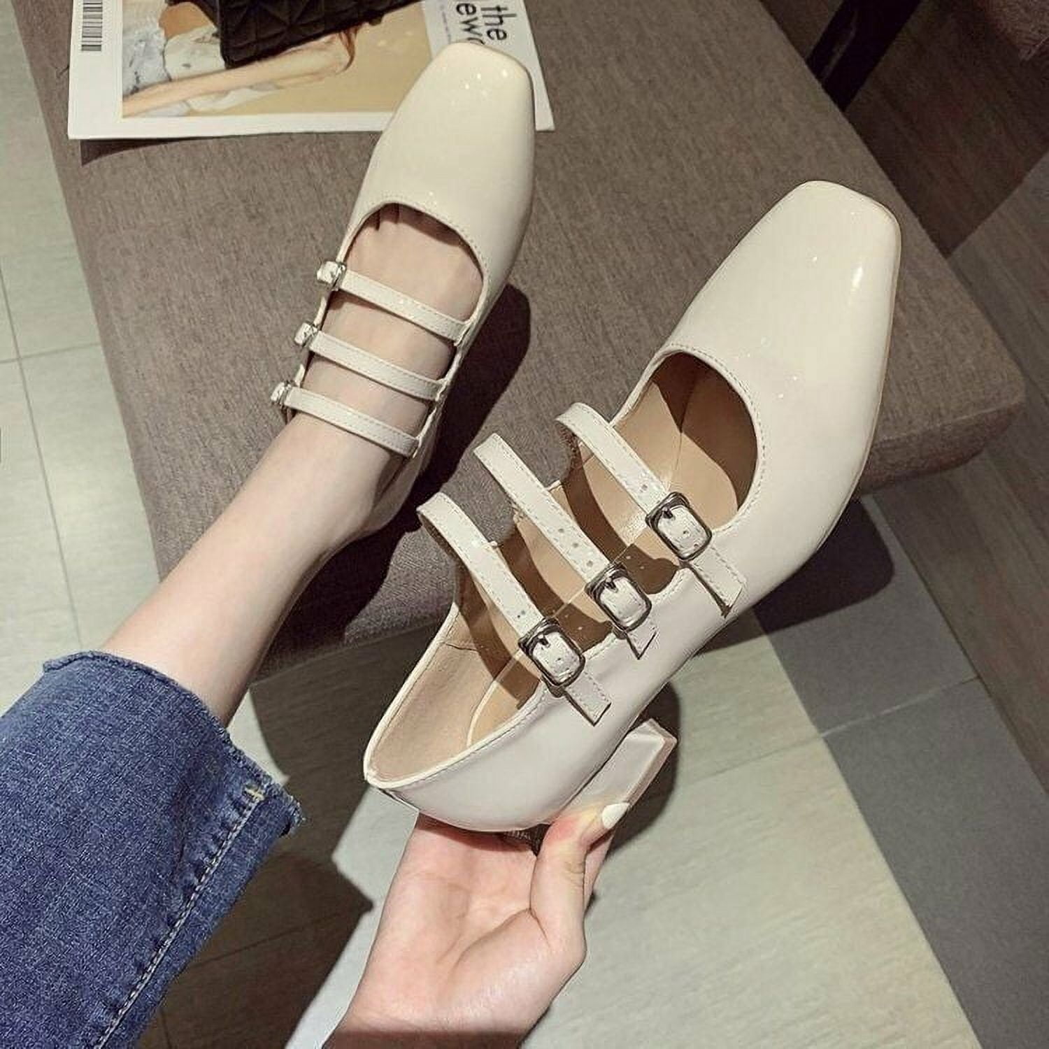 Women Block Heel Cross Buckle Mary Jane Shoes Square Toe Patent Leather ...