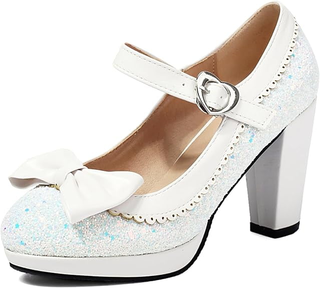 Women Block High Heels Platform Glitter Mary Jane Bow Shoes - Walmart.com