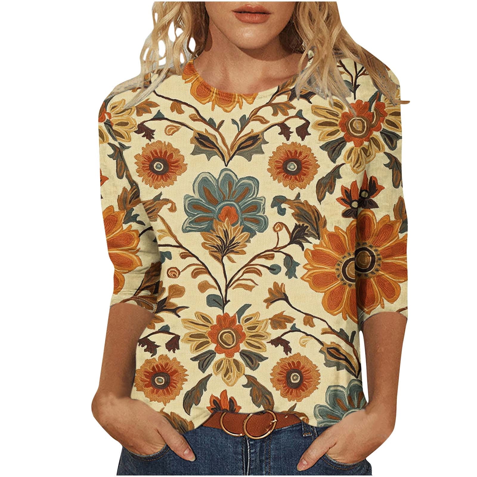 Women Blouse 3/4 Sleeve Petite, Lightweight Tshirts Women Loose Short ...