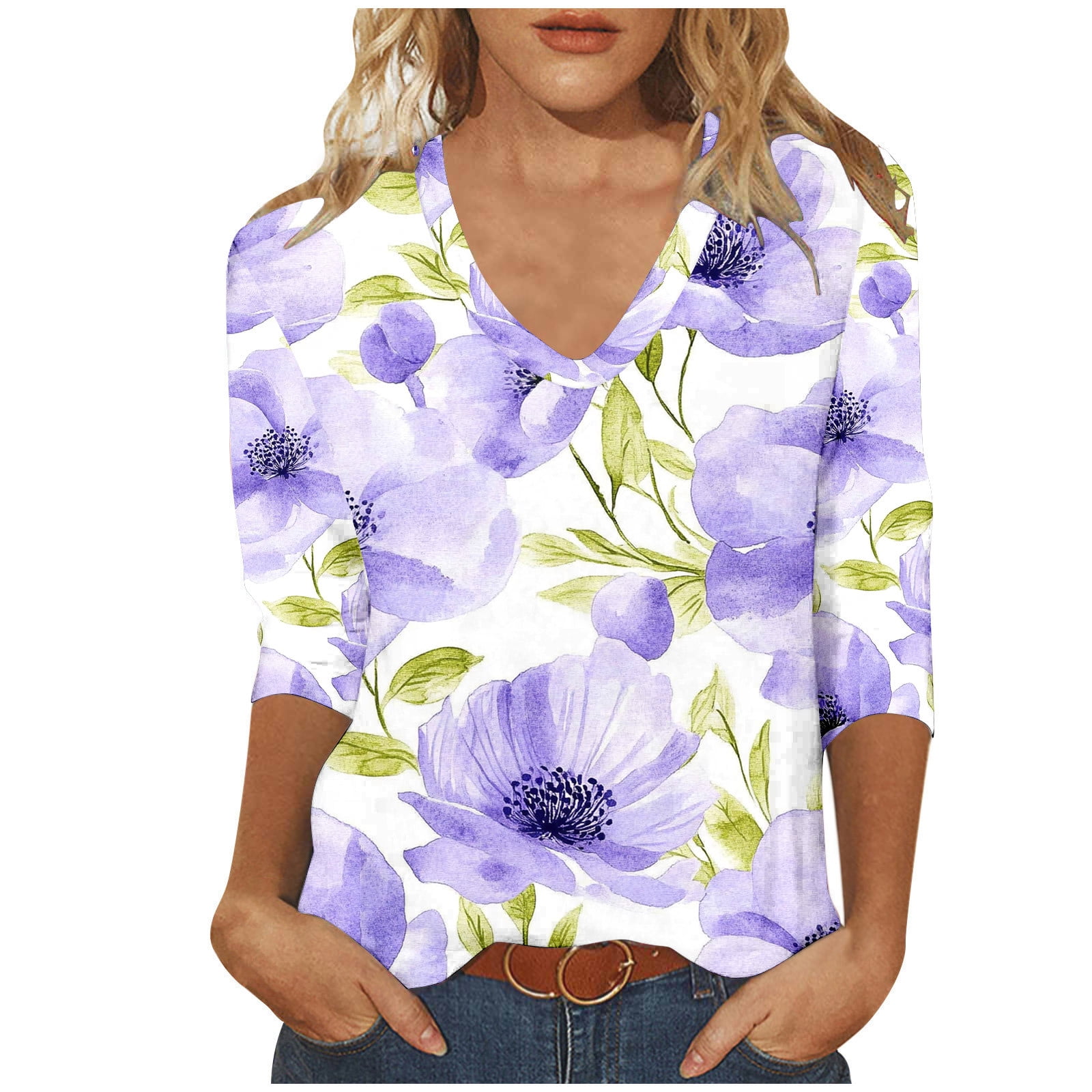 Women Blouse 3/4 Sleeve Petite, Womens Funny T Shirts Cotton Basic ...